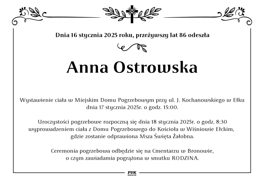 Anna Ostrowska - nekrolog i kondolencje | Zakład Usług Pogrzebowych | P.U.K. EŁK